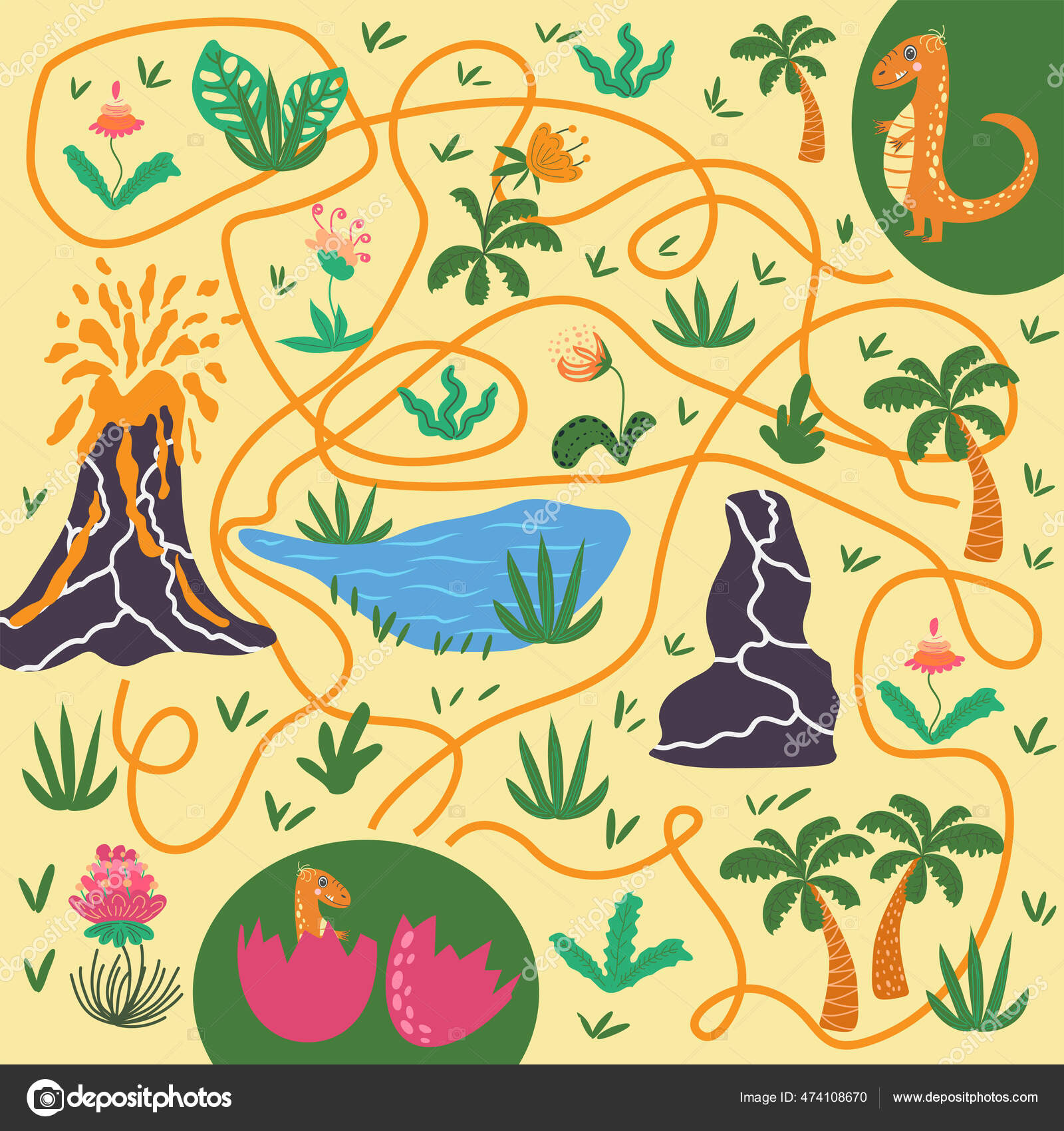 Help Dinosaur Find Path Nest Labyrinth Maze Game Kids Help Stock Vector ...