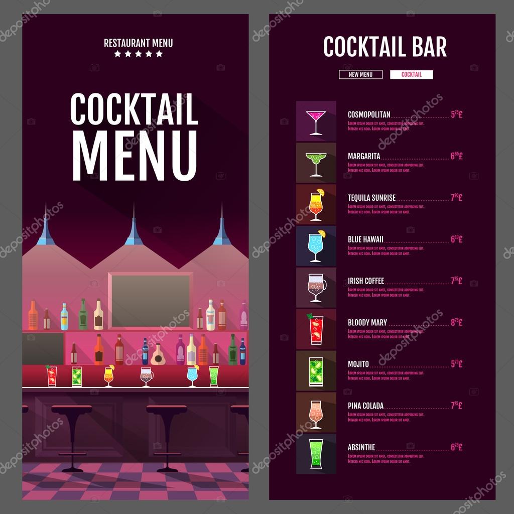 Diseño de menú de cóctel de estilo plano con interior de bar 2023