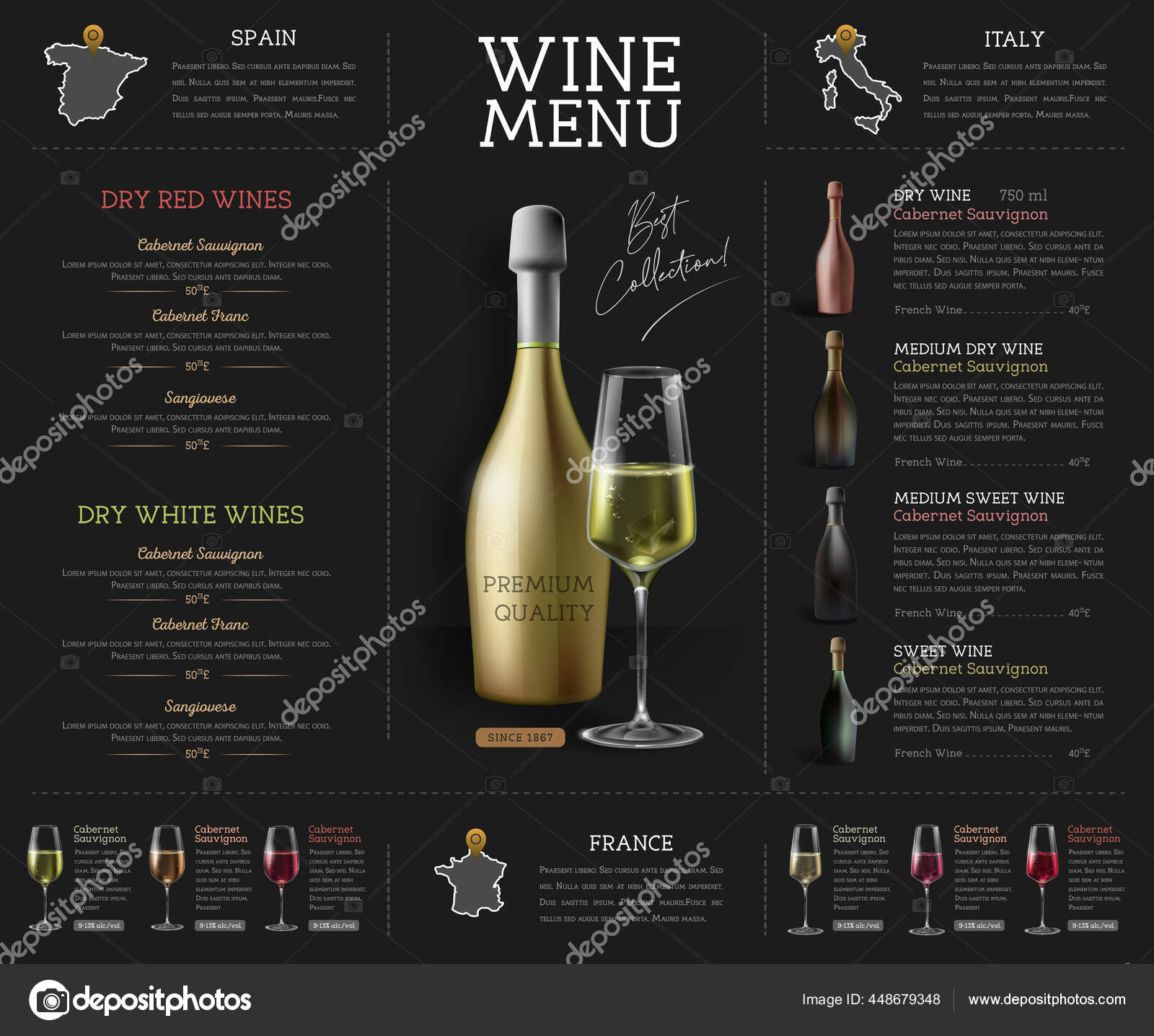 Wine Restaurant Menu Design Realistic Wine Glasses Bottles Chalk ...