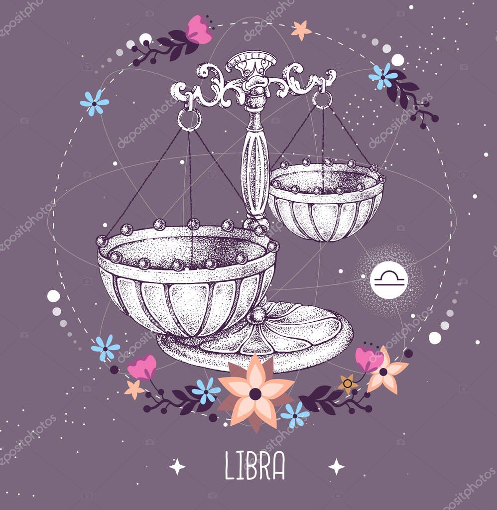 Tarjeta de brujer a m gica moderna con astrolog a signo del zod aco Libra. Ilustraci n realista ...