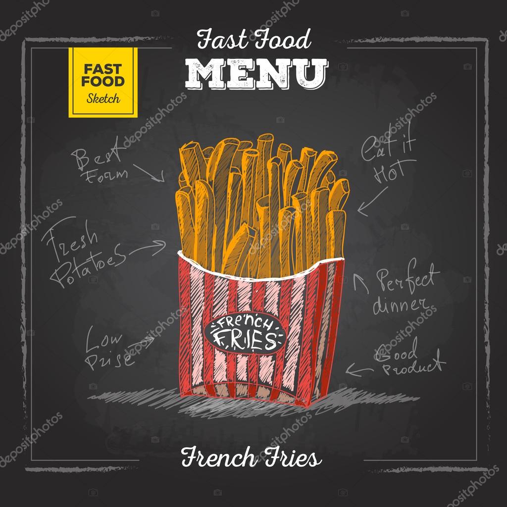 Vintage chalk drawing fast food menu. French fries sketch Stock Vector ...