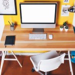 Modern creative workspace on yellow wall. Stock Photo by ©bonninturina ...