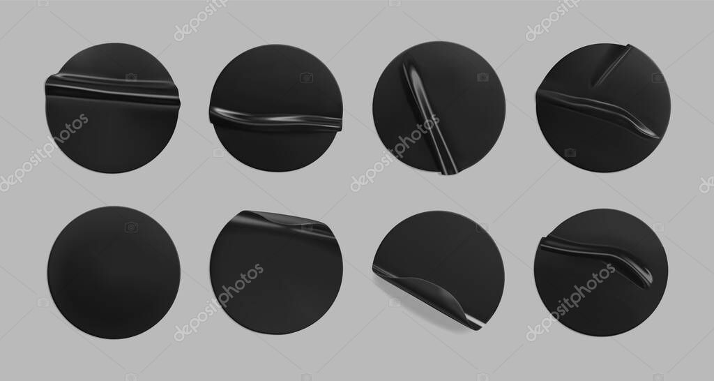 Negro pegado redondo arrugado conjunto de maqueta pegatina. Etiqueta ...