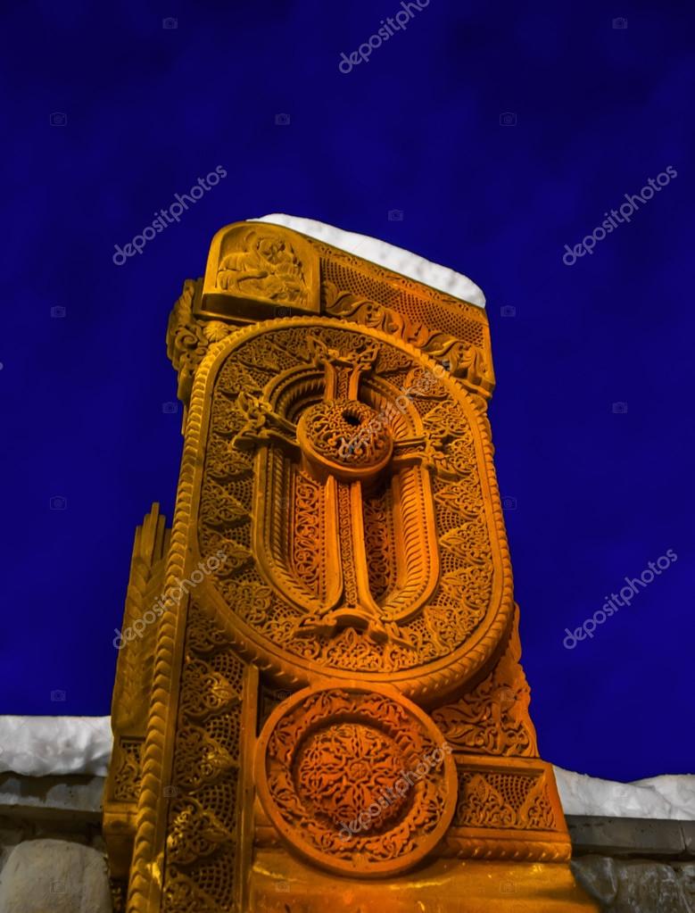 Armenian cross-stone khachkar against the blue night sky — Stock Photo ...