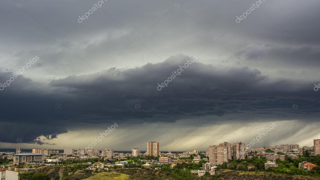 Dramatic clouds and rain over city, Yerevan, Armenia — Stock Photo ...