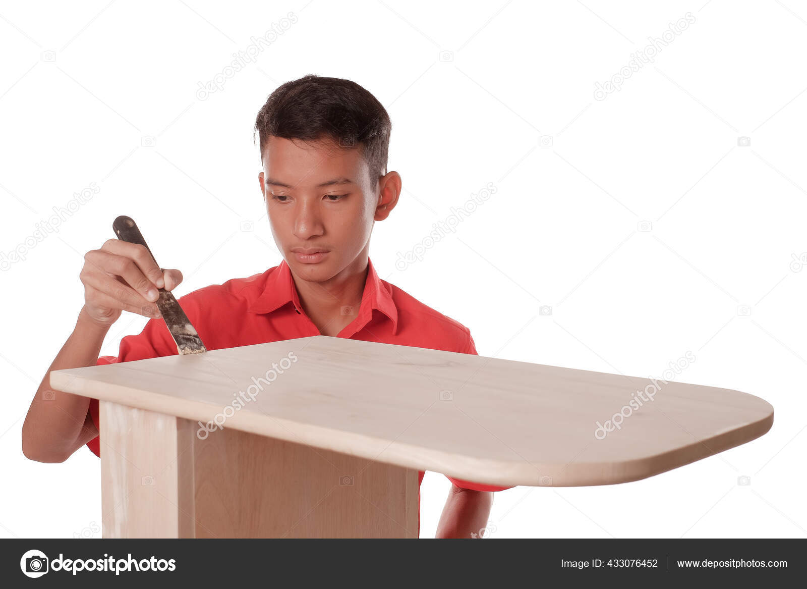 Young Carpenter Work Clothes Using Wood Filler Finishing Work Sofa ...