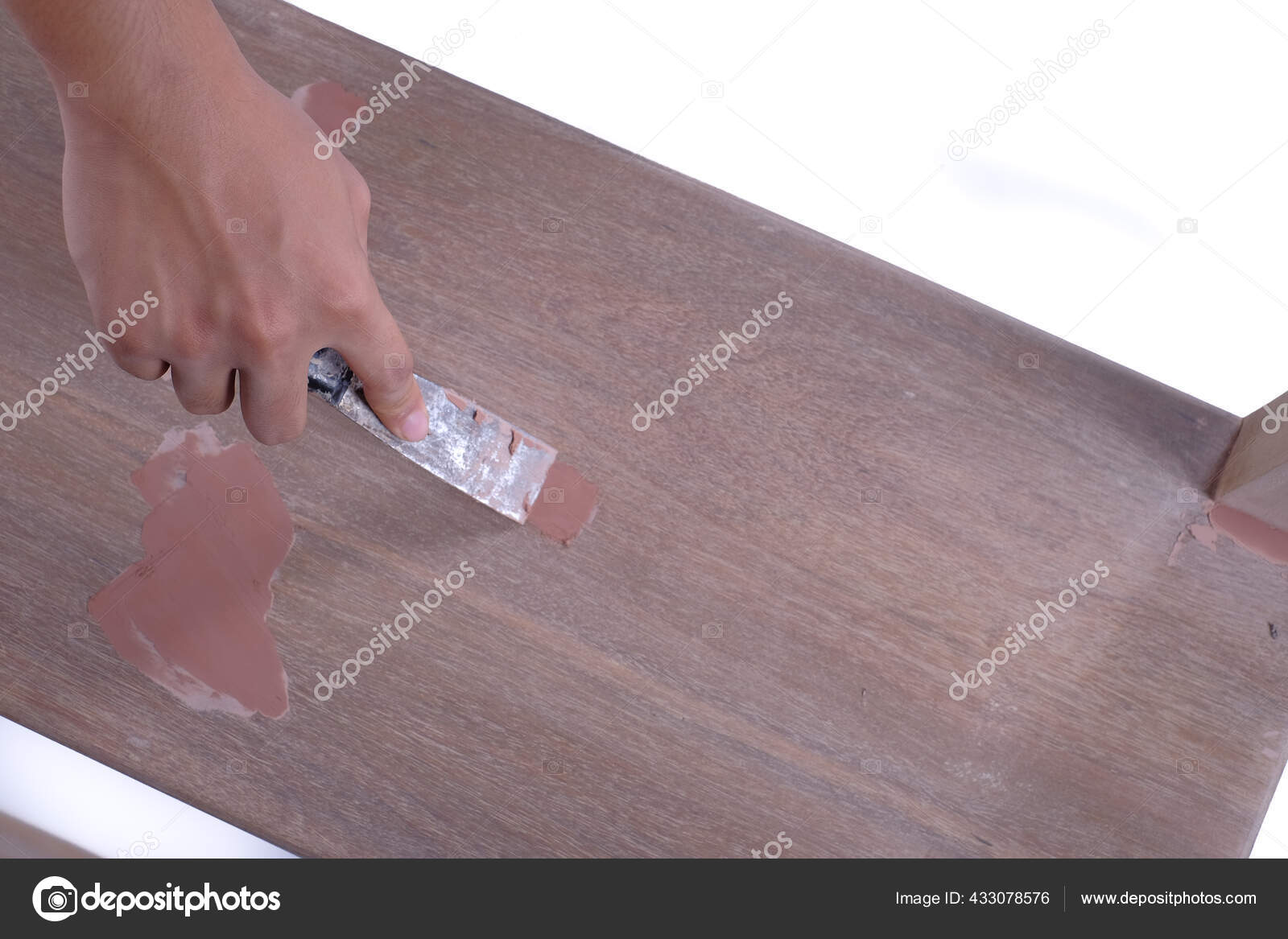 Young Carpenter Work Clothes Using Scraper Wood Filler Finishing Work ...