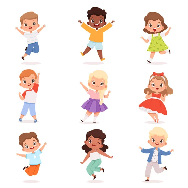 Jumping kids. Happy funny children playing and jumping in different action poses education ...