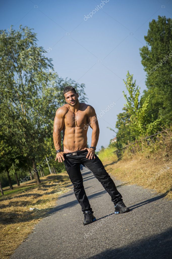 Shirtless bodybuilder showing torso muscles, abs, pecs and arms ...