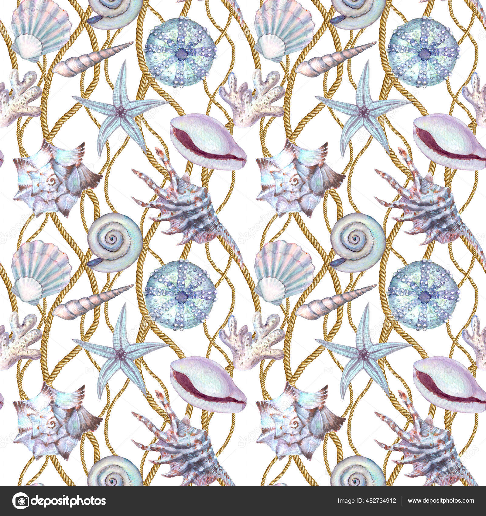 Watercolor Sea Shell Seamless Pattern Hand Drawn Seashells Ocean ...