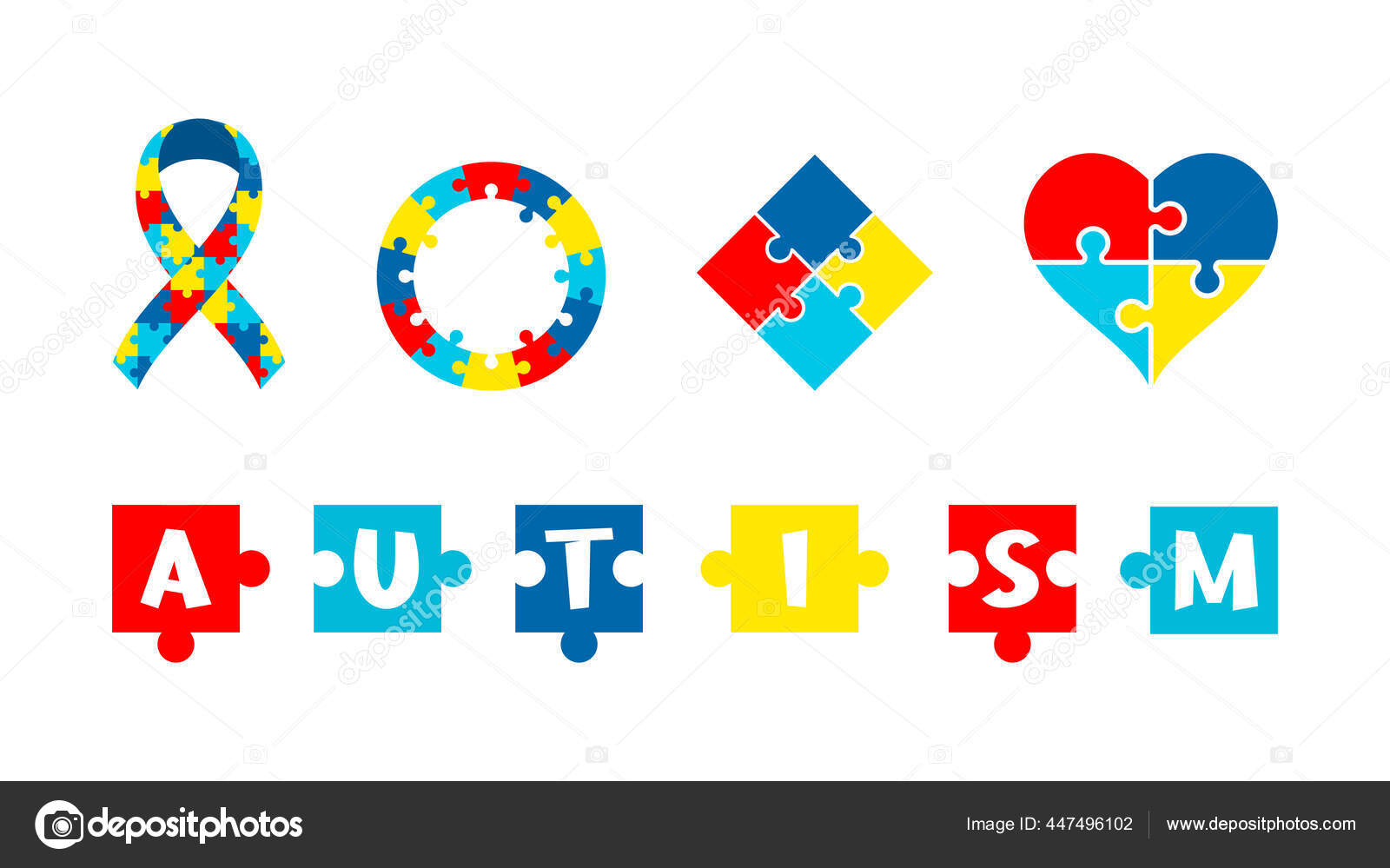 Autism Awareness Set Colorful Puzzle Pieces Jigsaw Puzzle Pattern ...