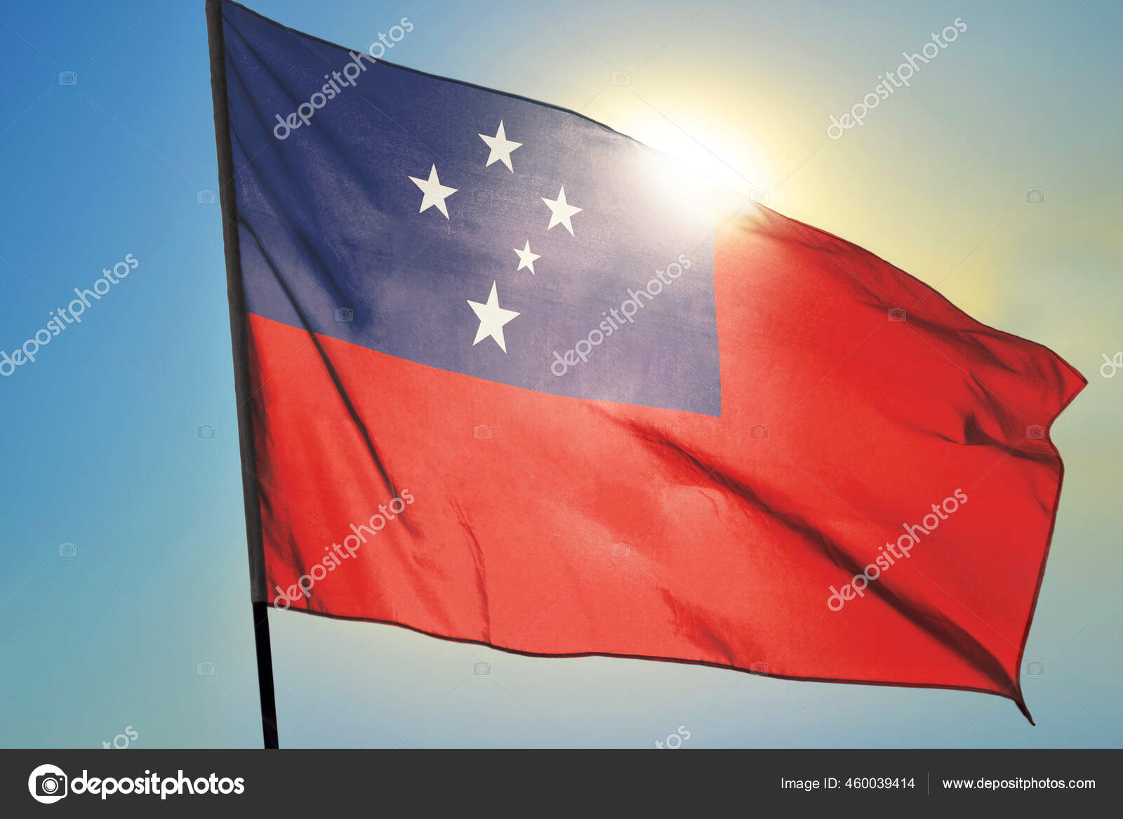 Samoa Flag Waving Wind Front Sun — Stock Photo © AleksTaurus #460039414
