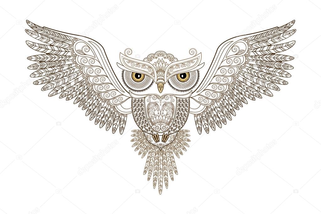 Búho con alas abiertas y adorno floral sobre fondo blanco. Ilustración ...