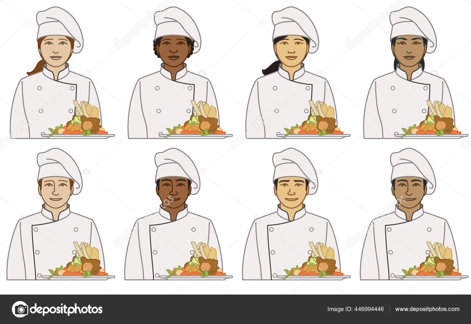 Diversity Race Ethnicity Chef Vector Icons Male Female Gourmet Dish ...