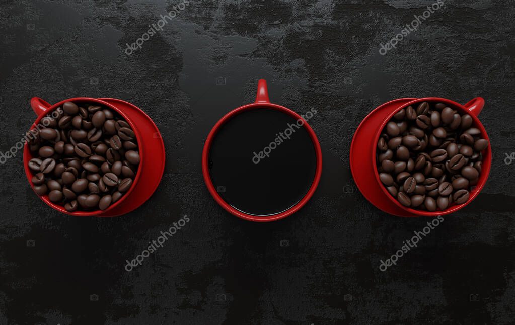 Taza de café y granos de café realistas planas, fondo de representación ...