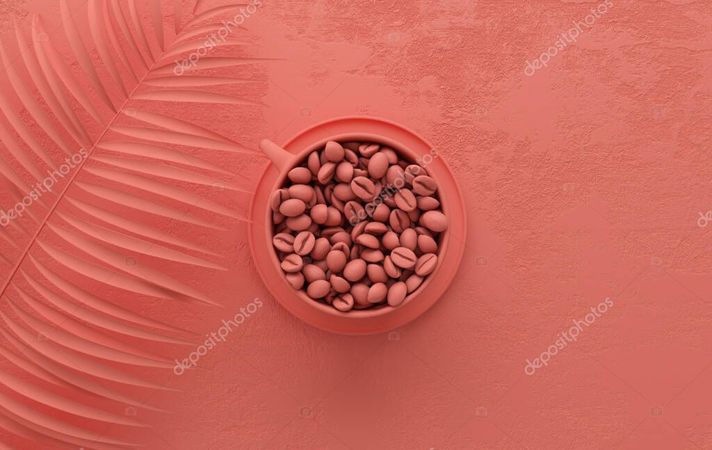 Taza de café y granos de café realistas planas, hojas de palma tropical ...