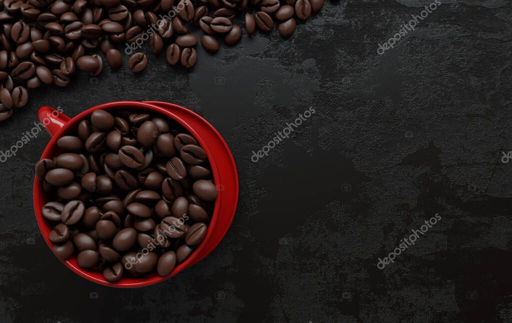 Taza de café y granos de café realistas planas, fondo de representación ...