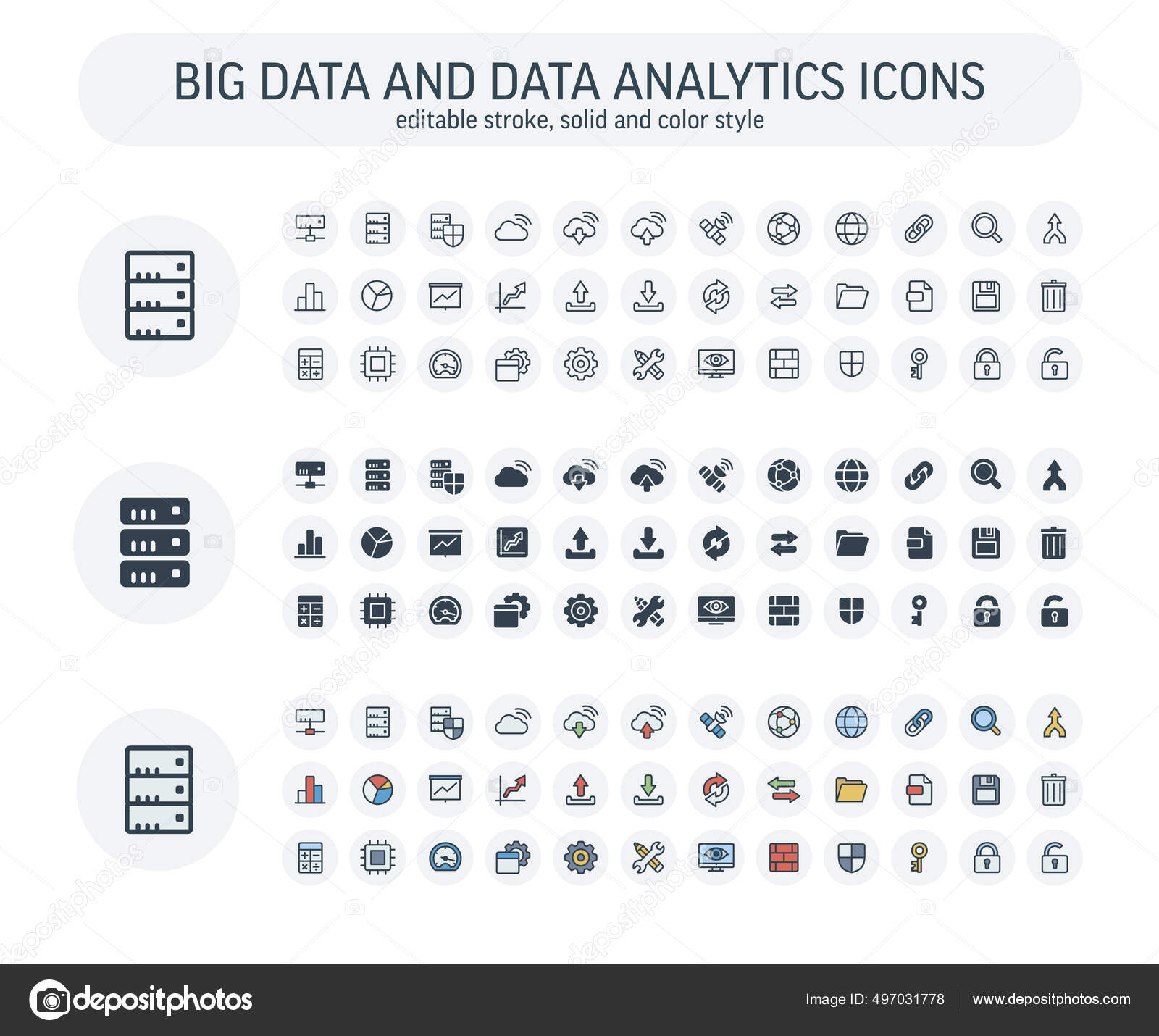 Vector Editable stroke, solid, color style icons set with big data and ...
