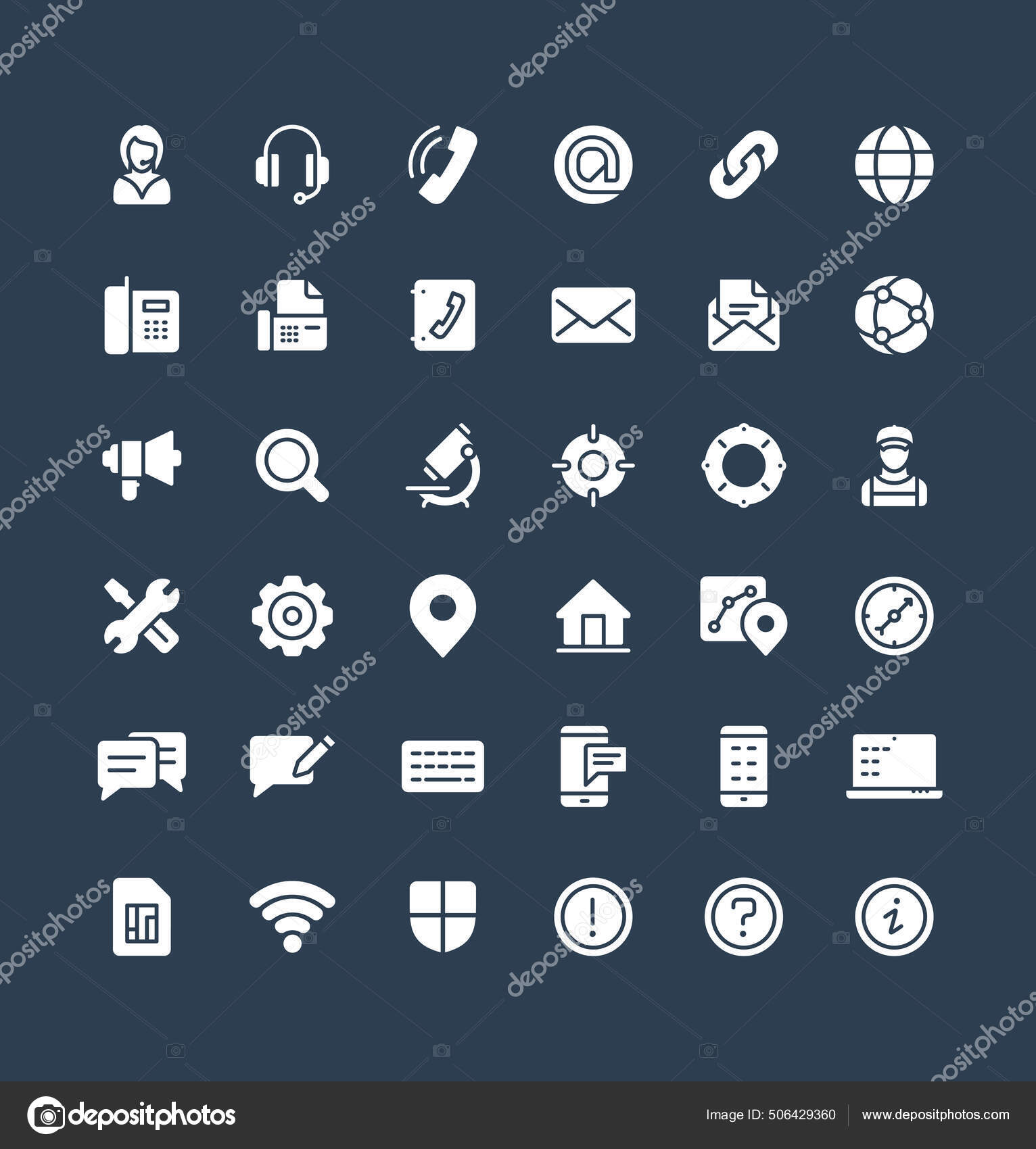 Vector solid icons set with contact us, technical support service flat ...