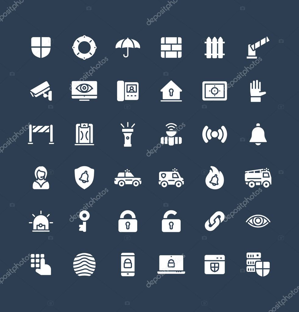 Conjunto de iconos sólidos vectoriales con símbolos planos de seguridad ...