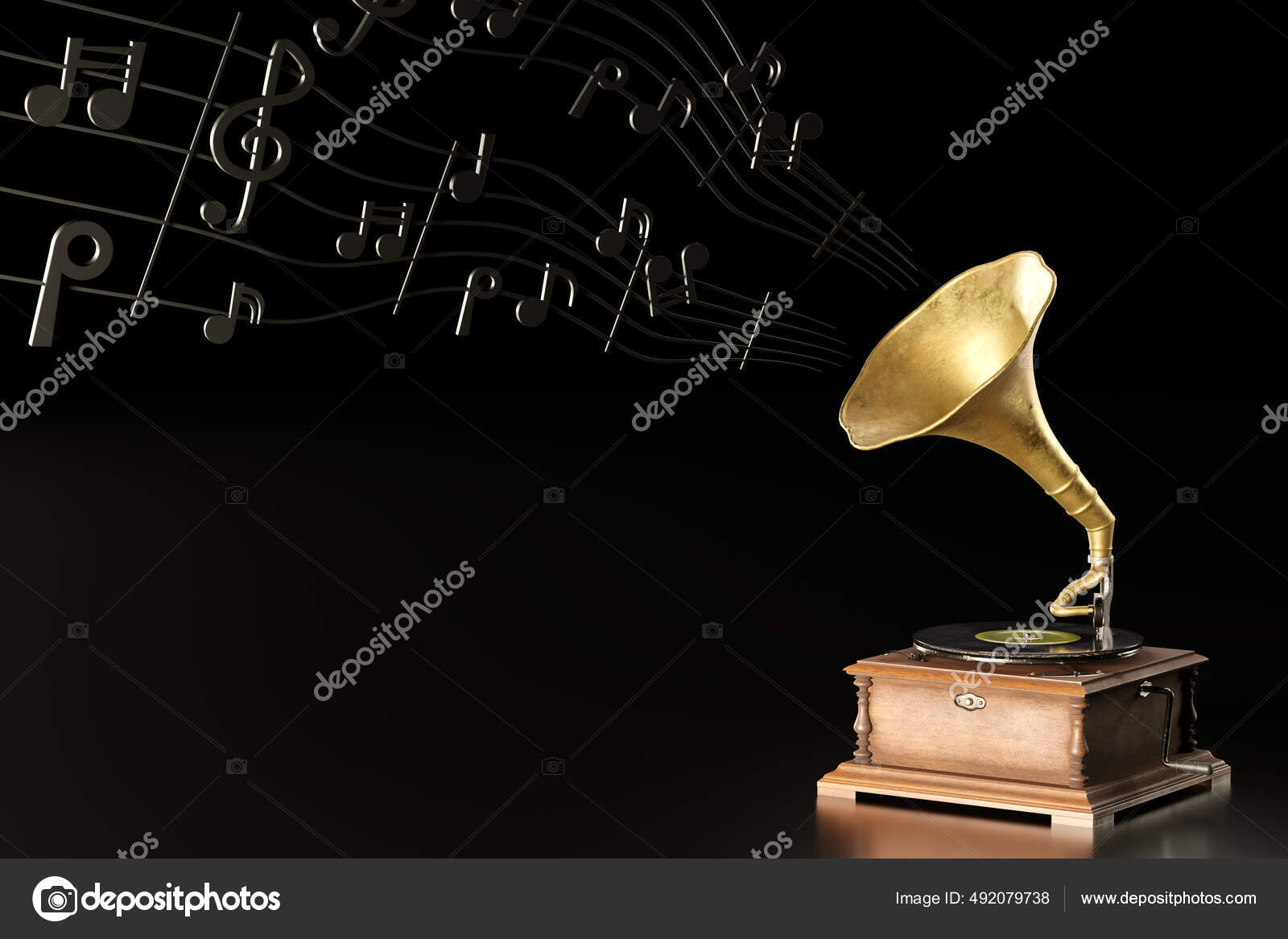 Old Antique Gramophone Phonograph Black Music Notes Dark Black ...