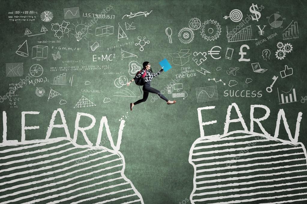 Student jumping with text of Learn and Earn — Stock Photo ...