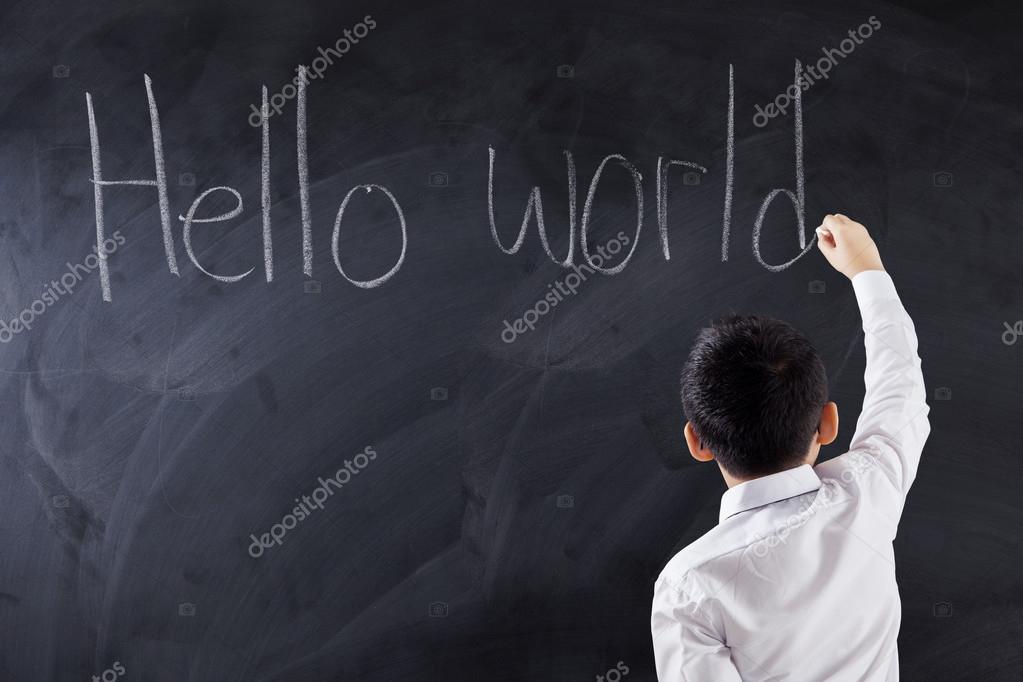 Boy writes text Hello World — Stock Photo © realinemedia #124717394