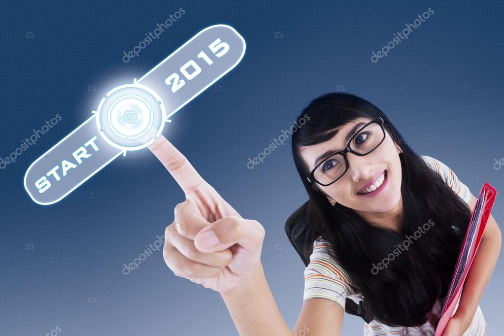 College student with a start button to future Stock Photo by ...