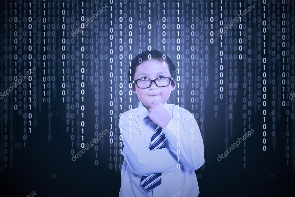 Little boy looking at binary code — Stock Photo © realinemedia #63145513