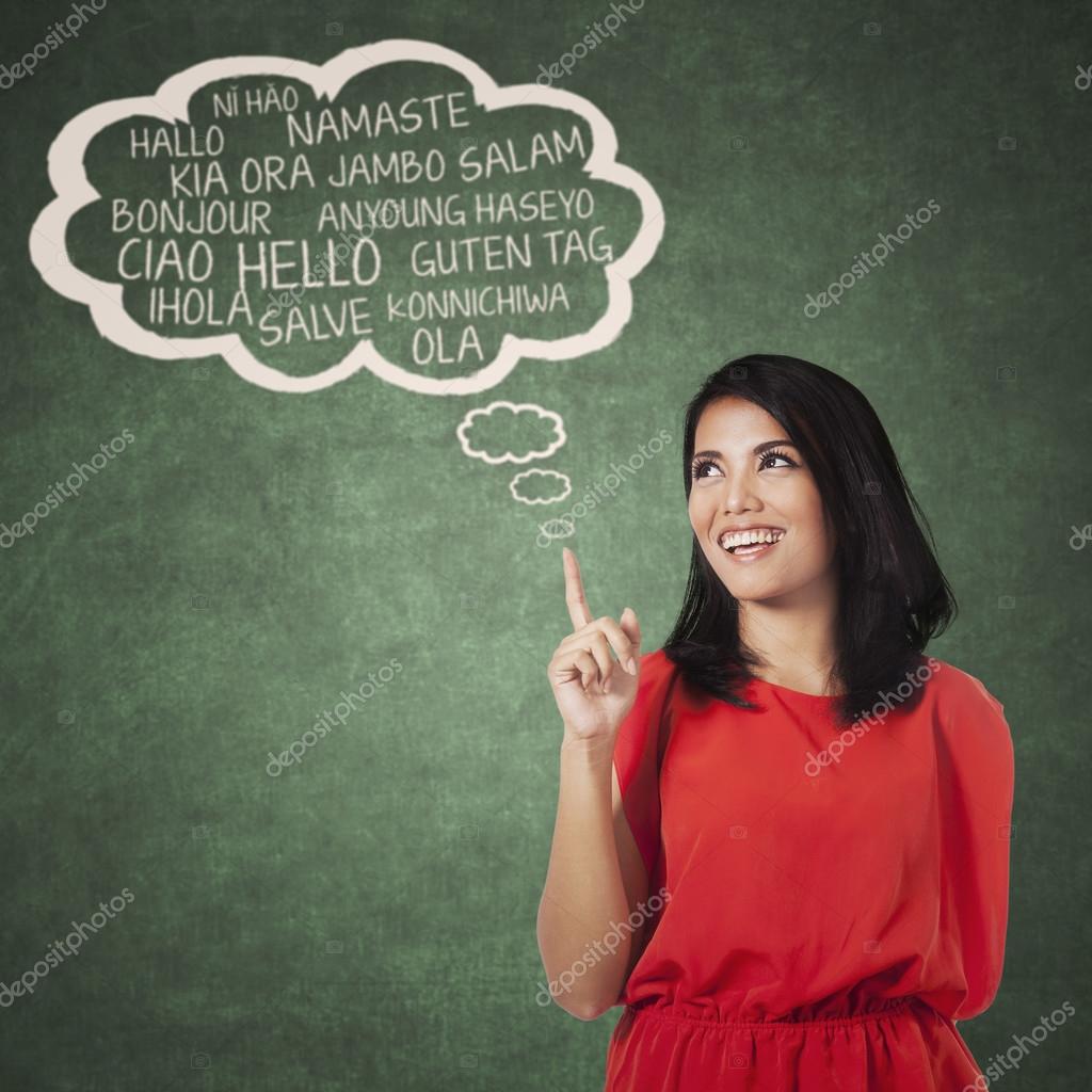 Female college student learning multi language — Stock Photo ...