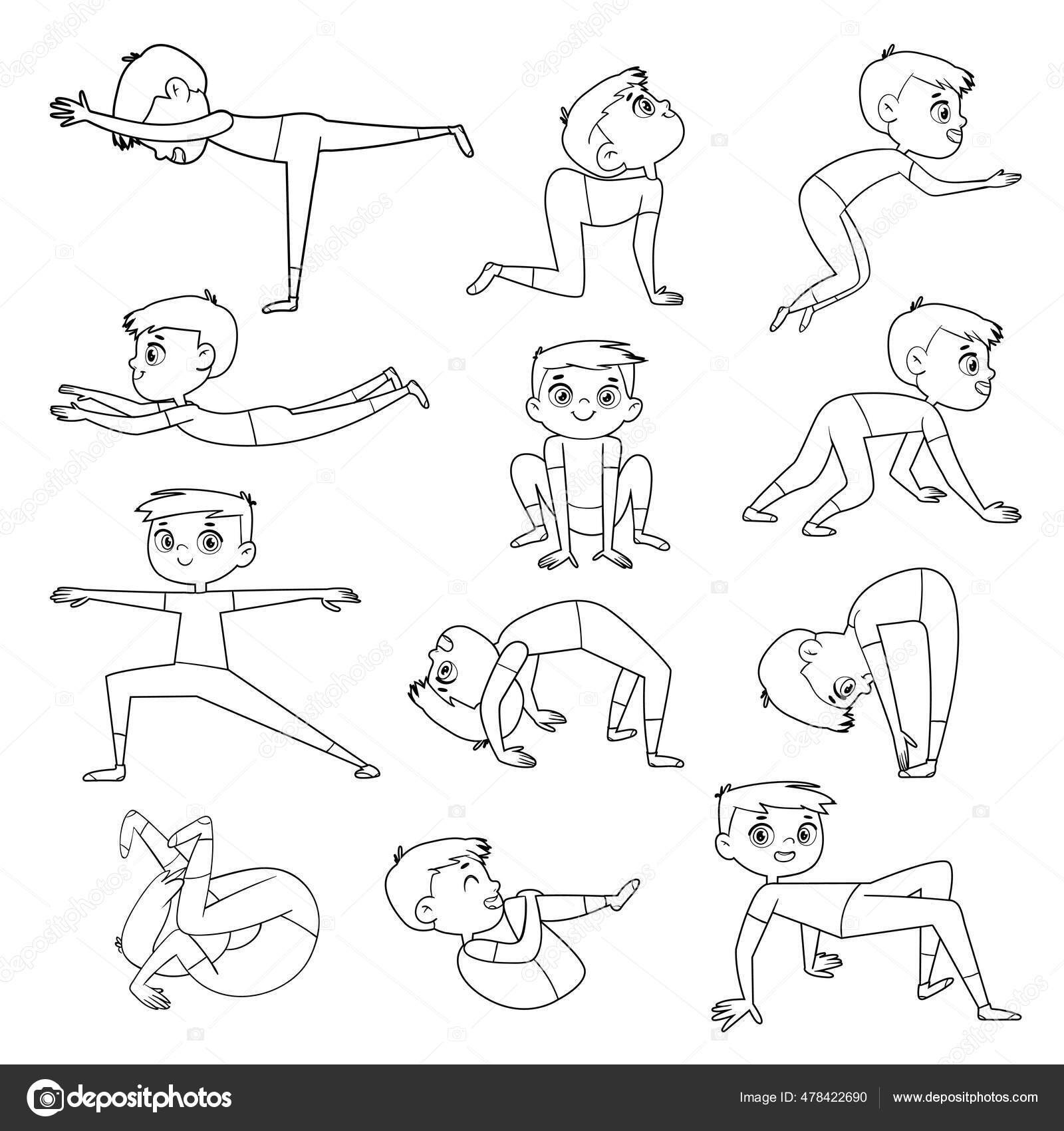 Niño Haciendo Ejercicios Físicos Divertido Personaje Dibujos Animados Ilustración Vectorial