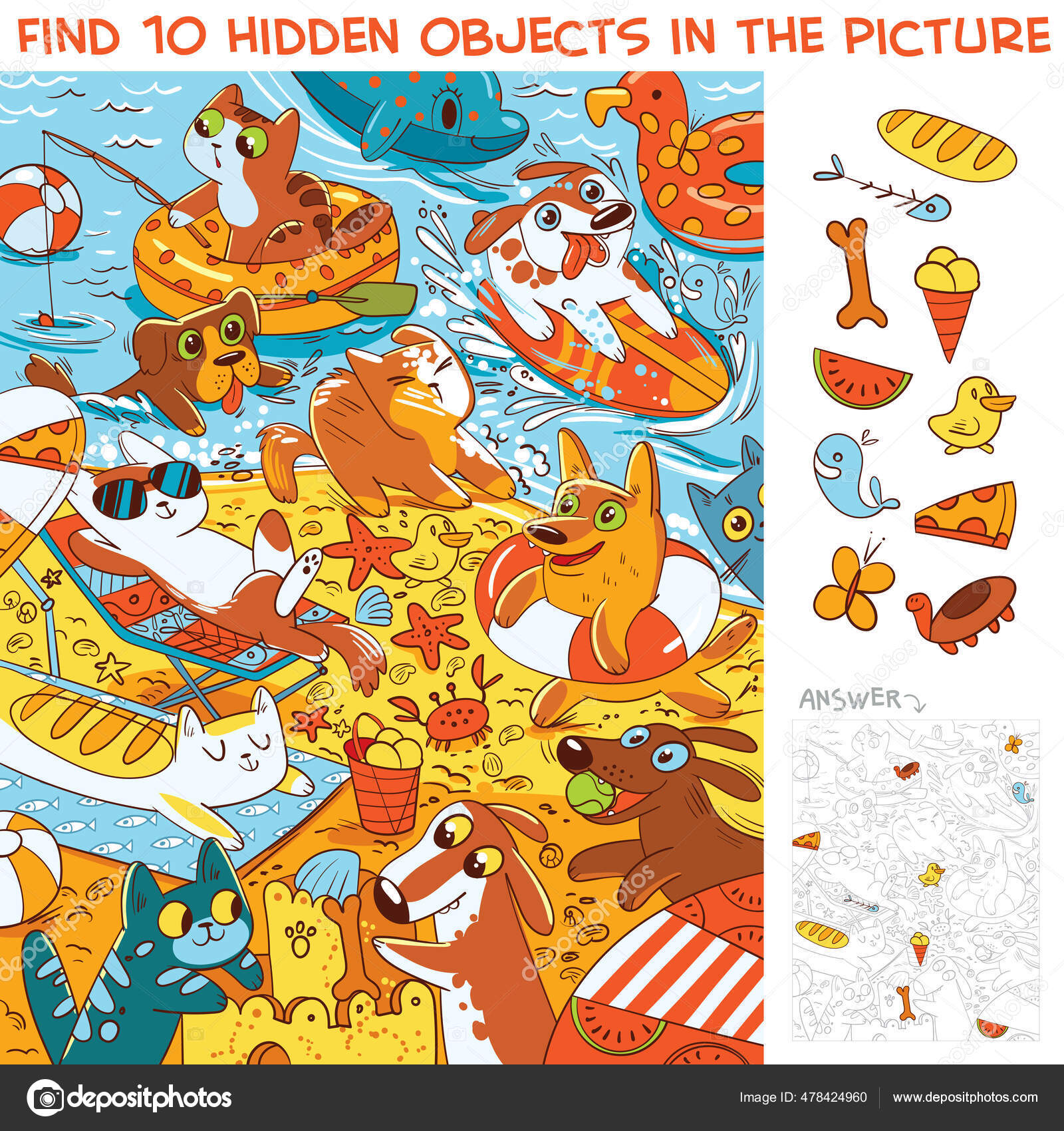 Pets Beach Find Hidden Objects Picture Puzzle Hidden Items Funny Stock Vector by ©kharlamova_lv ...