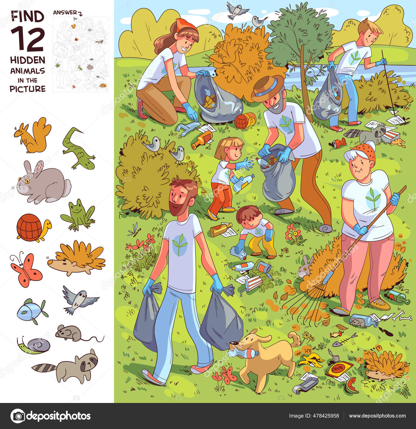 Family Collects Garbage Nature Find All Animals Picture Find Hidden ...