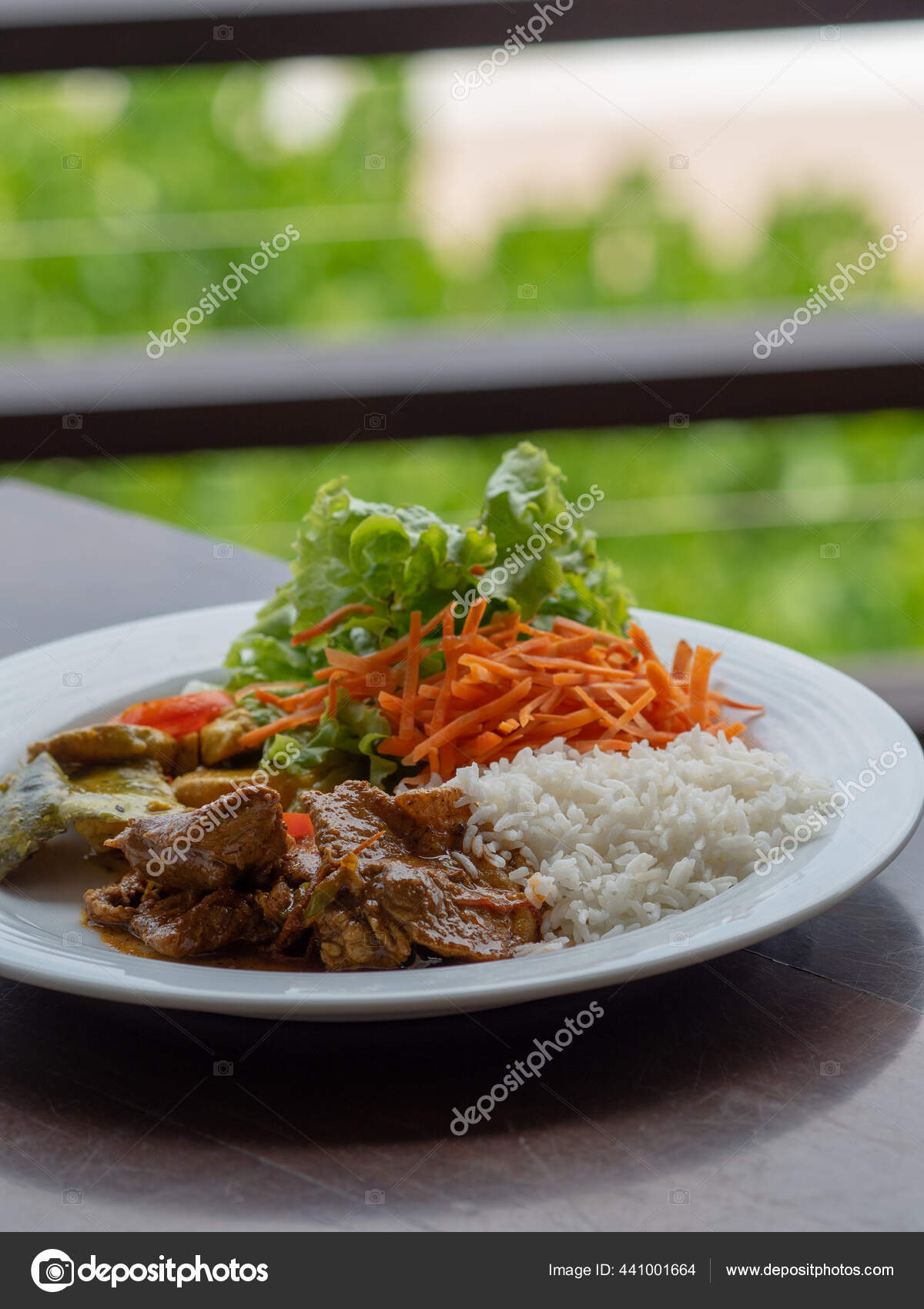 White Plate Stewed Fish Pieces Pork Rice Lettuce Grated Carrot Stock ...