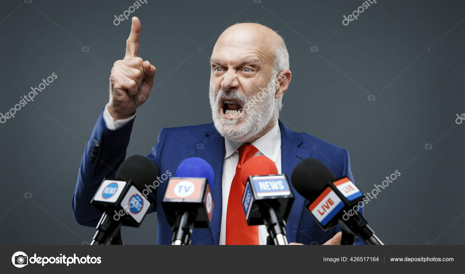 Aggressive Politician Giving Speech Press Conference Pointing His ...