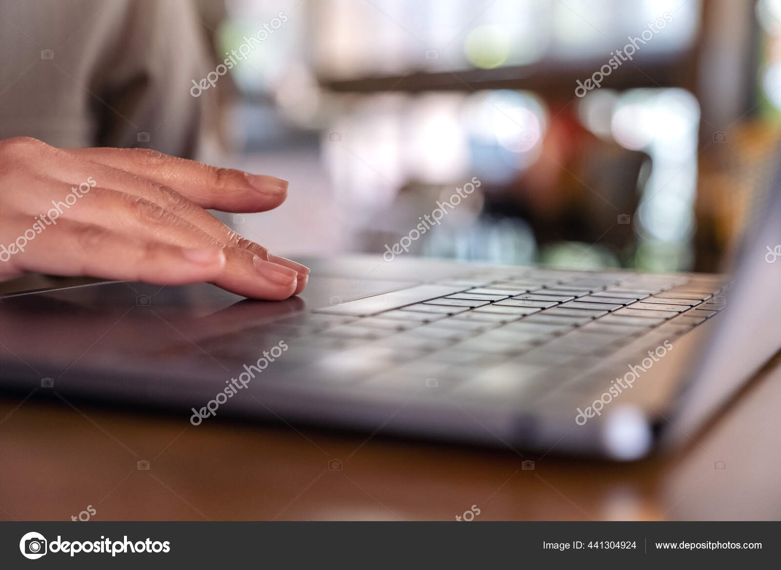 Closeup Image Hand Using Touching Laptop Touchpad Wooden Table — Stock ...