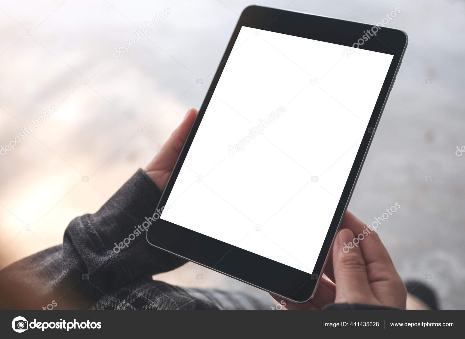 Mockup Image Woman's Hands Holding Using Black Tablet Blank White ...