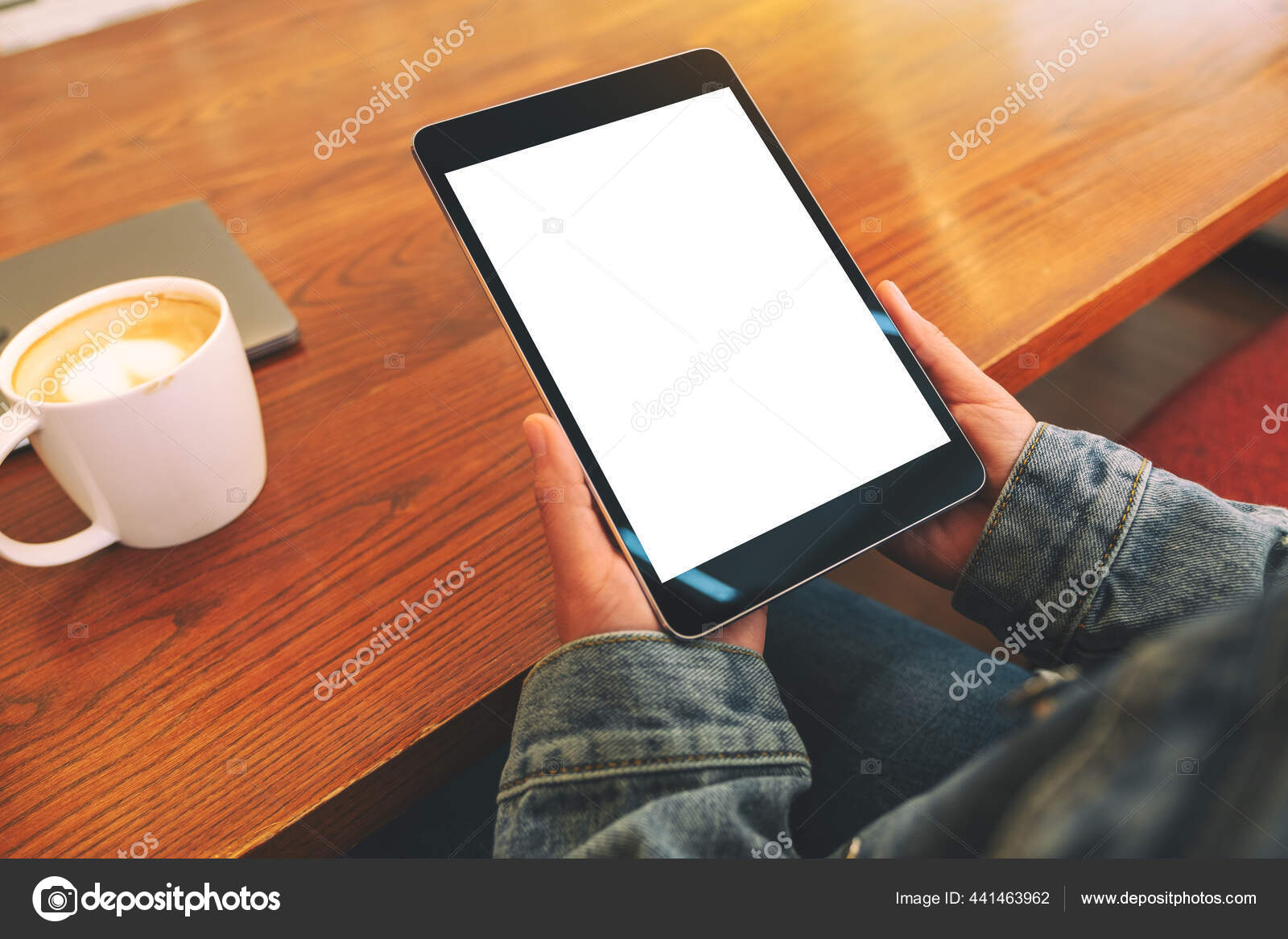 Mockup Image Hands Holding Black Tablet Blank White Screen Coffee ...