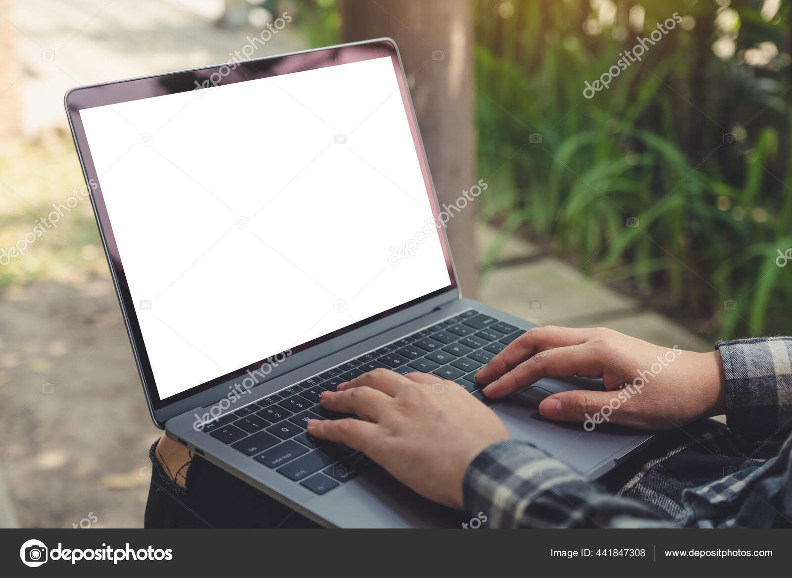 Mockup Image Hands Using Typing Laptop Blank White Desktop Screen Stock ...