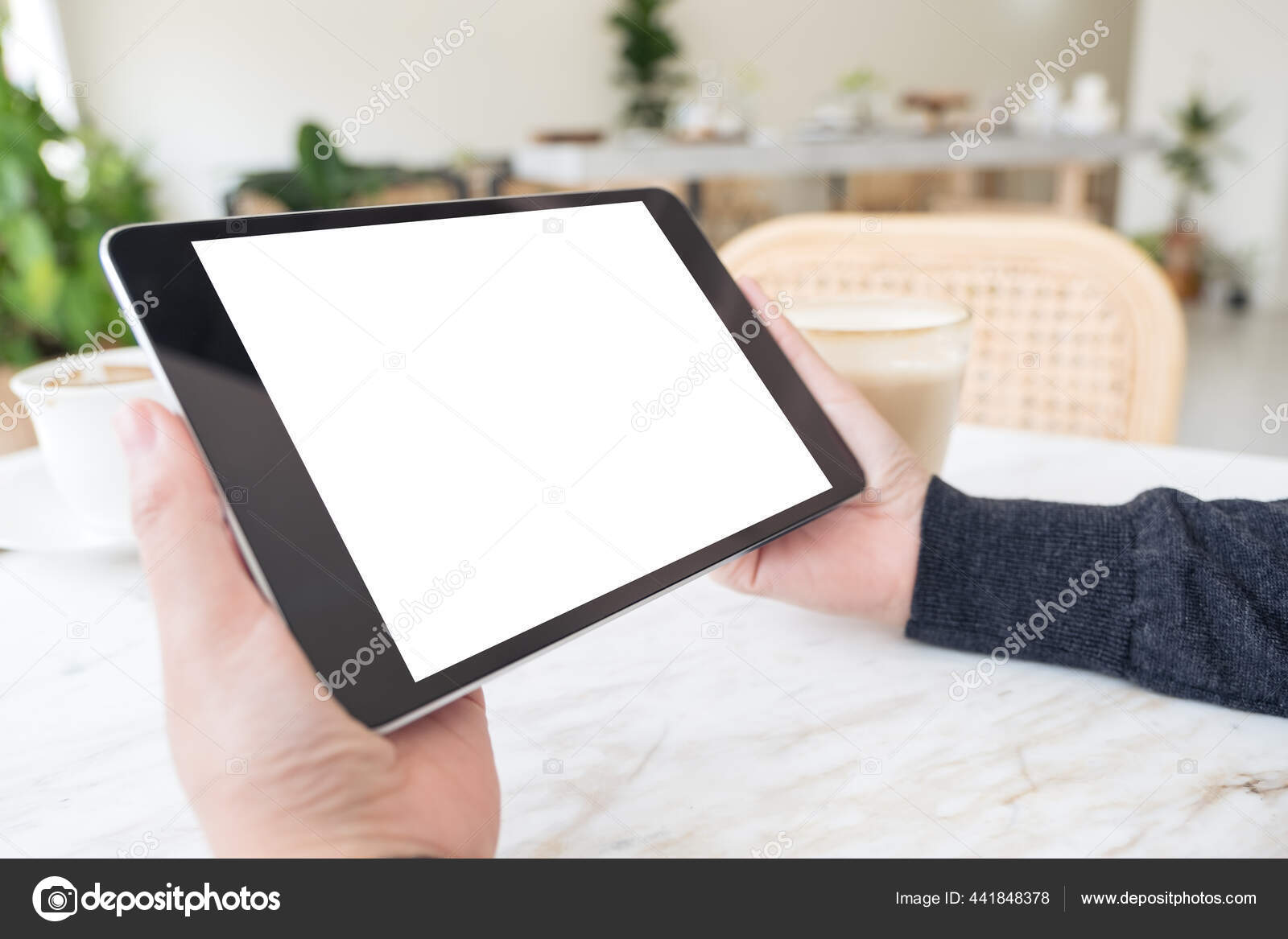 Mockup Image Hands Holding Black Tablet Blank White Screen Coffee ...