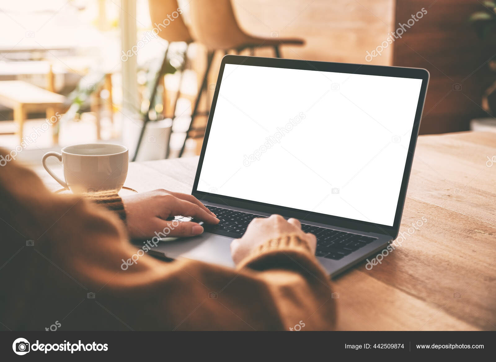 Mockup Image Woman Using Typing Laptop Computer Blank White Screen ...
