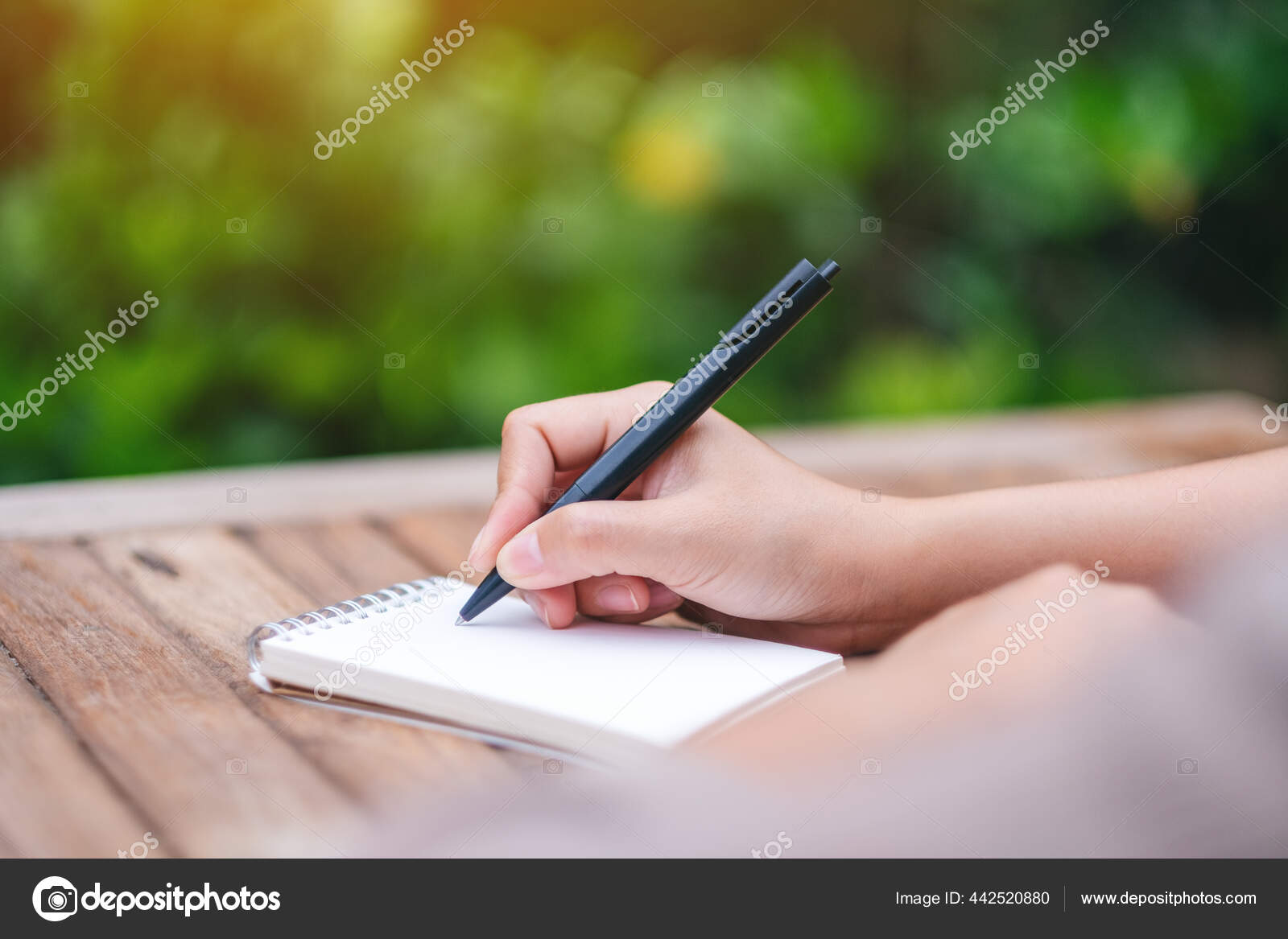 Closeup Image Woman Writing Blank Notebook Wooden Table Outdoors Stock ...