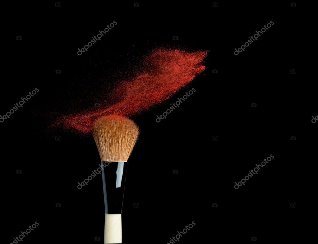 Powderbrush on black background with blue powder splash — Stock Photo ...