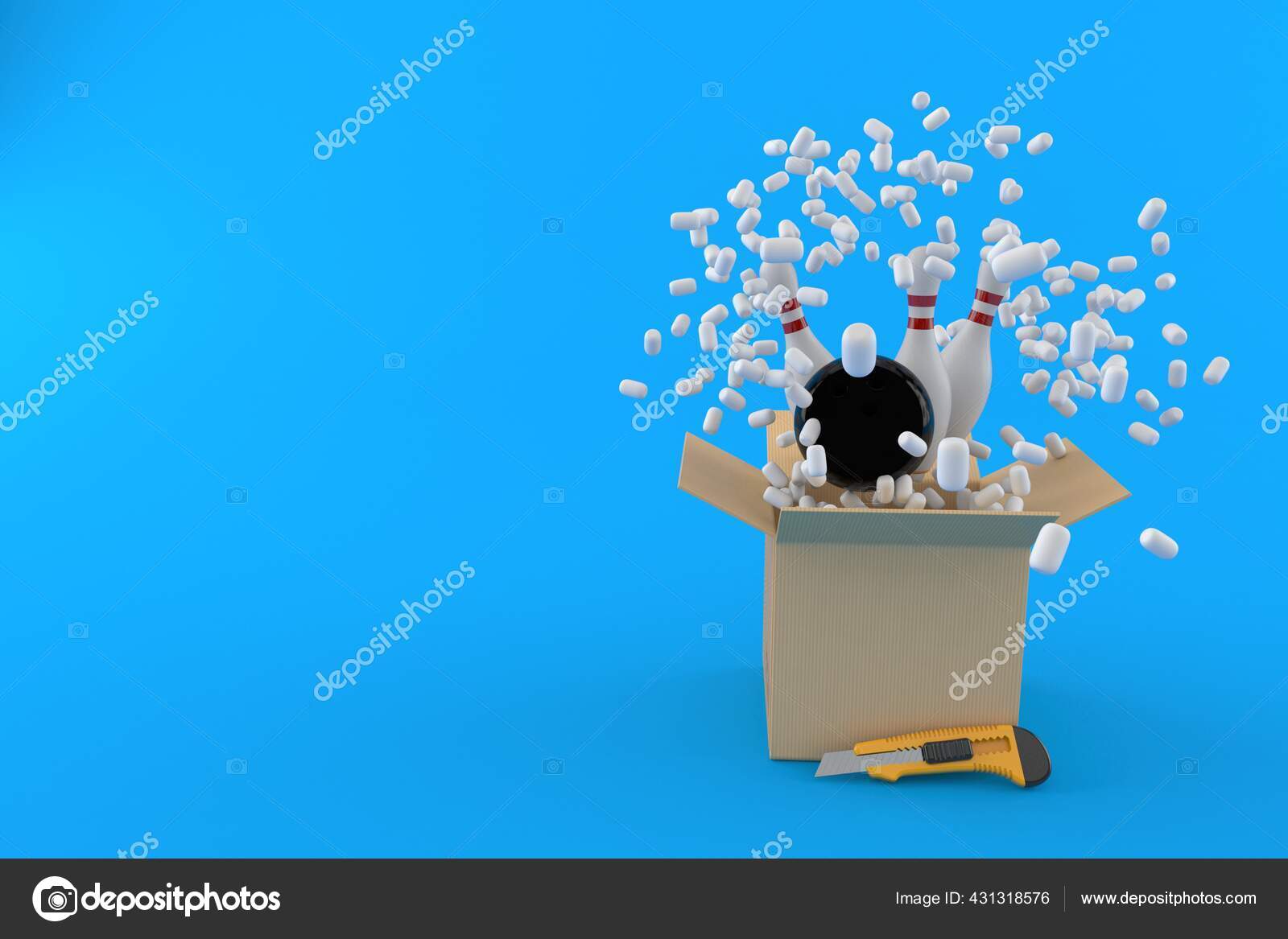 Bowling Ball Pins Cardboard Box Isolated Blue Background Illustration ...