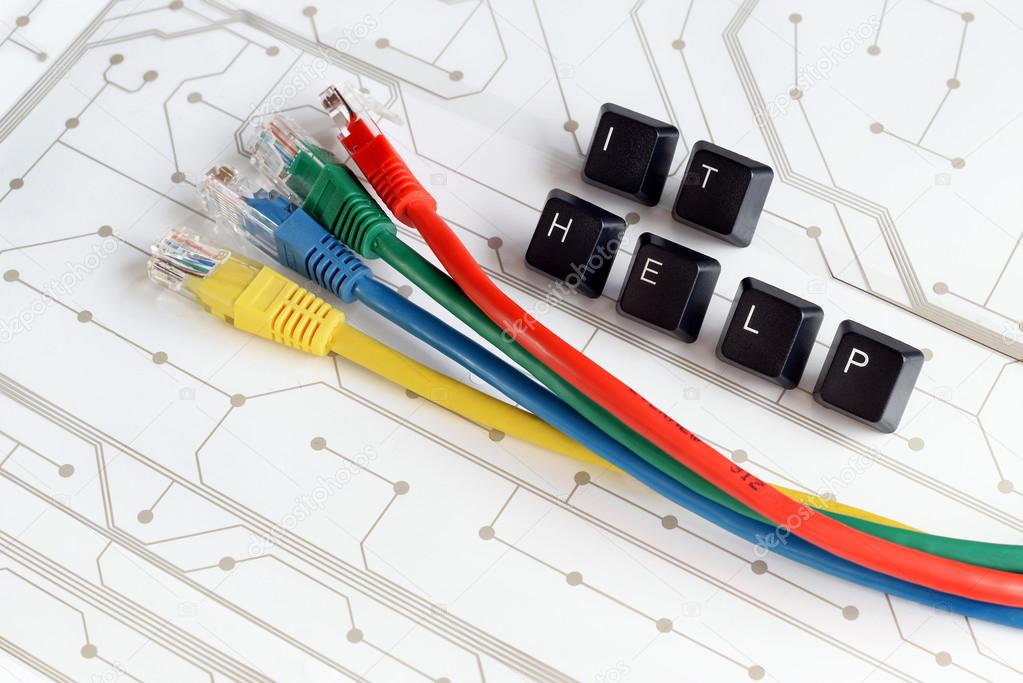 IT help, assistance, network cables circuit board background Stock ...