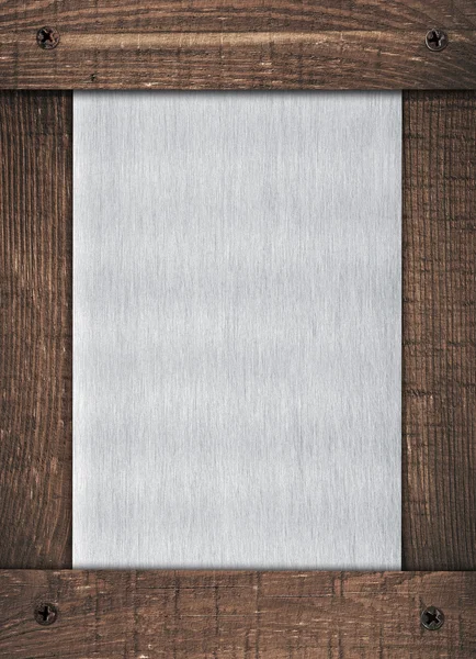 Composition of metal aluminum plaque, name plate on wooden wall planks ...