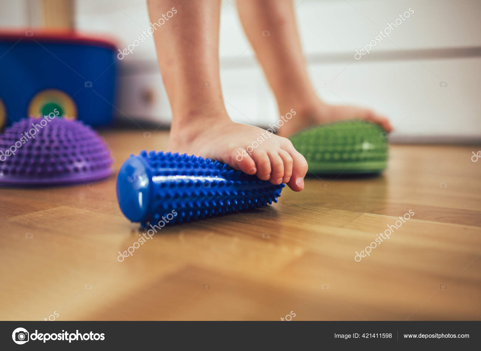 Flat Feet Correction Exercise Girl Using Spiked Rubber Roller — Stock ...