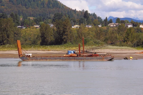 Small Riverboat Industrial Crane Arm Travels River Moving Right Left ...