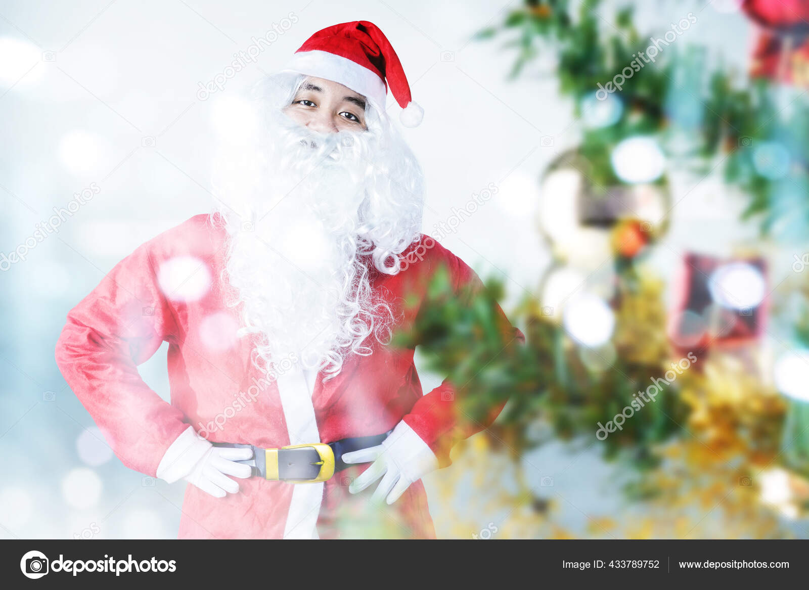Asian Man Santa Costume Standing Blurred Light Background Merry ...