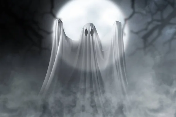 White Ghost Haunting Night Scene Background Halloween Concept — Stock ...